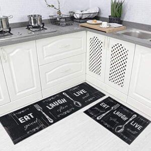 carvapet 2 pieces kitchen rug set non-slip backing mat throw rug for kitchen doormat runner rug set, motto design, blackish/dark grey (17″x48″+17″x24″)