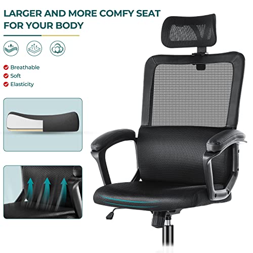 SMUG Ergonomic Mesh High Back Computer Adjustable Headrest,Lumbar Support, Tilt Function,Swivel Rolling, Soft PU Armrest Task Home Office Desk Chairs, Black