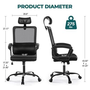 SMUG Ergonomic Mesh High Back Computer Adjustable Headrest,Lumbar Support, Tilt Function,Swivel Rolling, Soft PU Armrest Task Home Office Desk Chairs, Black