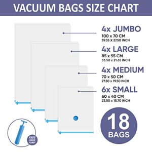 18 Space Saver Vacuum Storage Bags, Vacuum Sealed Storage Bags (4 Jumbo/4 Large/4 Medium/6 Small) with Hand Pump, Vacuum Seal Bags for Clothing, Comforters, Pillows, Towel, Blanket Storage, Bedding