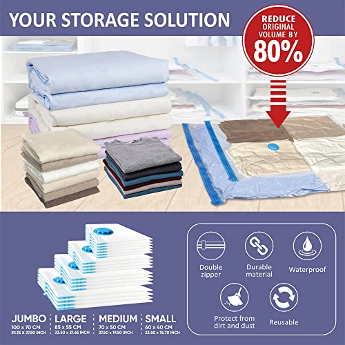 18 Space Saver Vacuum Storage Bags, Vacuum Sealed Storage Bags (4 Jumbo/4 Large/4 Medium/6 Small) with Hand Pump, Vacuum Seal Bags for Clothing, Comforters, Pillows, Towel, Blanket Storage, Bedding