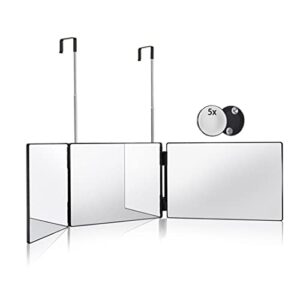 hieey 3 way mirror for hair cutting,360 trifold mirror with height adjustable telescoping hooks,and 5x magnification mirror,for makeup, hair styling