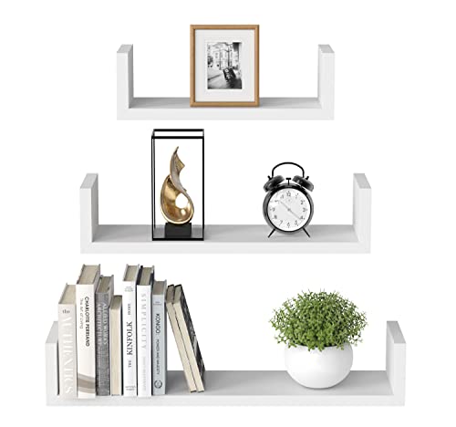 AMADA HOMEFURNISHING Floating Shelves Wall Mounted, Wall Shelf for Bedroom/Bathroom/Living Room/Kitchen, White Shelves 3 Sizes, U-Shaped - AMFS13-W