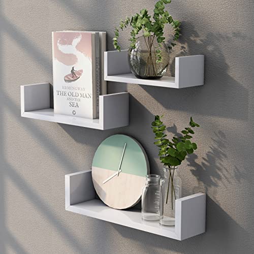 AMADA HOMEFURNISHING Floating Shelves Wall Mounted, Wall Shelf for Bedroom/Bathroom/Living Room/Kitchen, White Shelves 3 Sizes, U-Shaped - AMFS13-W