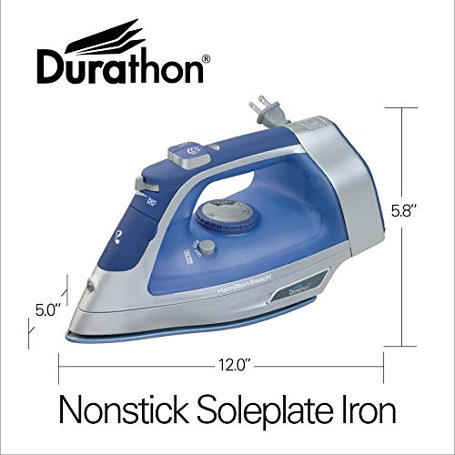 Hamilton Beach Steam Iron & Vertical Steamer for Clothes with Scratch-Resistant Durathon Soleplate, 8' Retractable Cord, 3-Way Auto Shutoff, Anti-Drip, Self-Cleaning, 1500 Watts, Blue