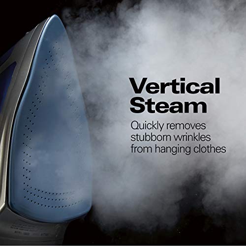 Hamilton Beach Steam Iron & Vertical Steamer for Clothes with Scratch-Resistant Durathon Soleplate, 8' Retractable Cord, 3-Way Auto Shutoff, Anti-Drip, Self-Cleaning, 1500 Watts, Blue