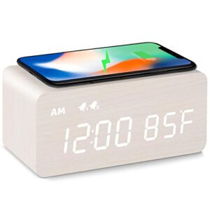 mosito digital wooden alarm clock with wireless charging, 0-100% dimmer, dual alarm, weekday/weekend mode, snooze, wood led clocks for bedroom, bedside, desk, kids (white)