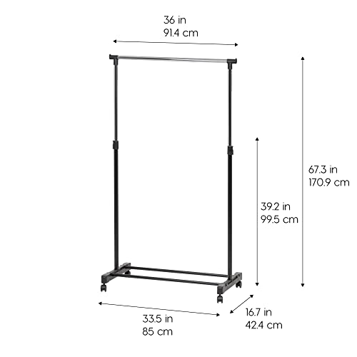 IRIS USA Portable Single-Rod Height Adjustable Clothes Rack with Lockable Wheels, Rolling Garment, Sigle Rod Wardrobe Rack, Easy Assemble, for Clothes, Belts, Shoes, and Bags