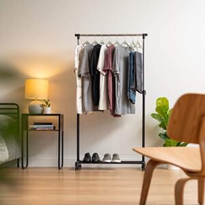 IRIS USA Portable Single-Rod Height Adjustable Clothes Rack with Lockable Wheels, Rolling Garment, Sigle Rod Wardrobe Rack, Easy Assemble, for Clothes, Belts, Shoes, and Bags