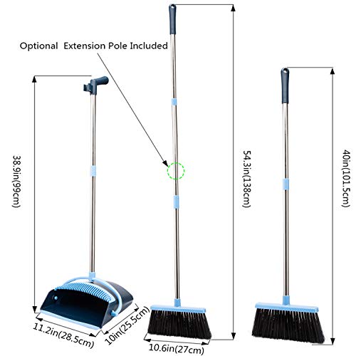 Broom and Dustpan Set 2023 Outdoor Or Indoor Broom Dust Pan 3 Foot Angle Heavy Push Combo Upright Long Handle for Kids Garden Pet Dog Hair Lobby Wood Floor Sweeping Kitchen House (Blue)