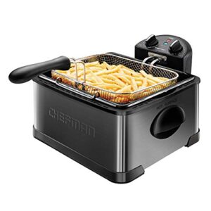 chefman deep fryer with basket strainer, 4.5 liter xl jumbo size adjustable temperature & timer, perfect chicken, shrimp, french fries, chips & more, removable oil container, black