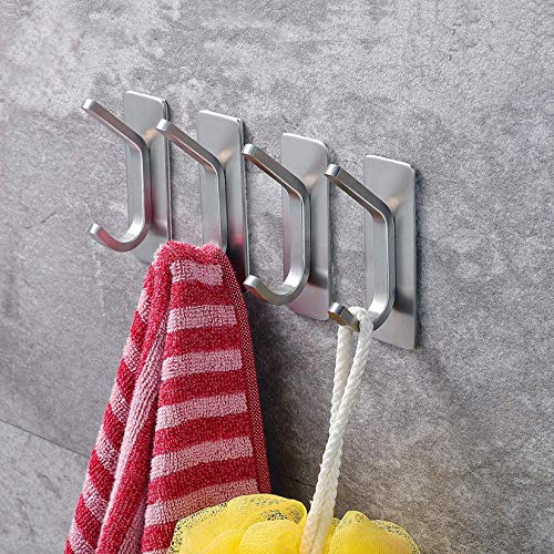 YIGII Towel Hook/Adhesive Hooks - Wall Hooks for Coat/Robe/Towels Stick on Bathroom/Kitchen 4-Pack, Stainless Steel