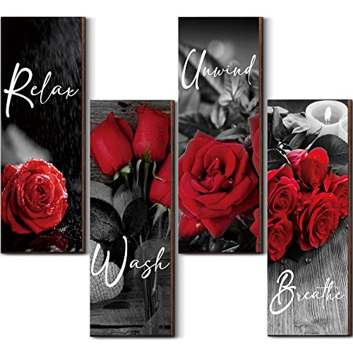 Set of 4 Rose Bathroom Wall Art Wooden Flower Restroom Decor Rustic Romantic Floral Farmhouse Bathroom Wall Decor Modern Breathe Wash Unwind Relax Sign for Living Room Home Decor, 10 x 4 Inch (Red)