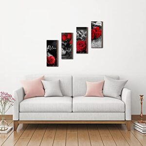 Set of 4 Rose Bathroom Wall Art Wooden Flower Restroom Decor Rustic Romantic Floral Farmhouse Bathroom Wall Decor Modern Breathe Wash Unwind Relax Sign for Living Room Home Decor, 10 x 4 Inch (Red)