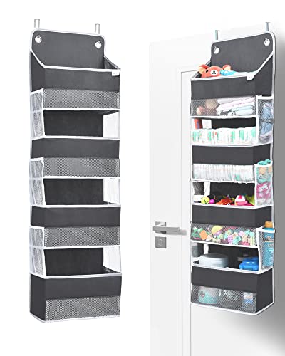 ULG Over Door Organizer with 4 Large Pockets 6 Mesh Side Pockets, 33 lbs Weight Capacity Hanging Storage Organizer with Clear Window for Bedroom Nursery, Baby Kids Toys, Diapers, Dark Grey (1 Pack)