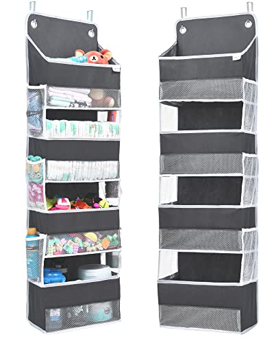 ULG Over Door Organizer with 4 Large Pockets 6 Mesh Side Pockets, 33 lbs Weight Capacity Hanging Storage Organizer with Clear Window for Bedroom Nursery, Baby Kids Toys, Diapers, Dark Grey (1 Pack)