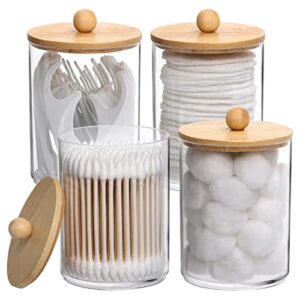 tbestmax 4 pack qtip holder, 10-ounce bathroom organizer accessories storage containers clear plastic apothecary jars with bamboo lids for cotton ball, cotton swab, floss