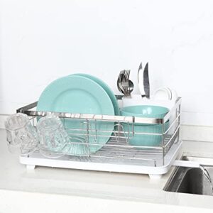 Fogein Dish Drying Rack, Stainless Steel Dish Drainer with Utensil Holder Removable Drainer Tray for Kitchen Countertop, Silver