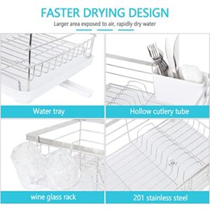 Fogein Dish Drying Rack, Stainless Steel Dish Drainer with Utensil Holder Removable Drainer Tray for Kitchen Countertop, Silver