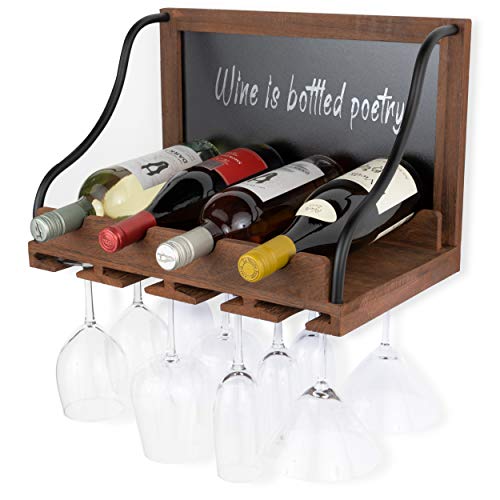 brightmaison BGT Colmar Wall Wine Rack, Wine Glass Holder & Bottle Rack with Chalk Board Sign, 4 Bottles Wine Storage, Rustic Wall Décor, Wood Walnut