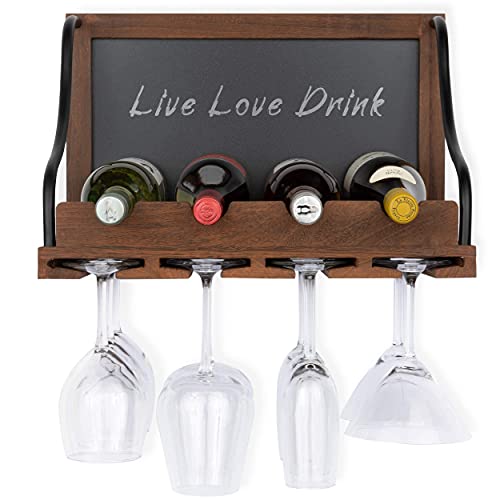 brightmaison BGT Colmar Wall Wine Rack, Wine Glass Holder & Bottle Rack with Chalk Board Sign, 4 Bottles Wine Storage, Rustic Wall Décor, Wood Walnut