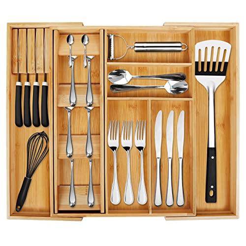 Ozera Bamboo Silverware Organizer, Expandable Utensil Organizer and Cutlery Organizer in Drawer, Flatware Kitchen Drawer Organizer Silverware Tray with Knife Block for Kitchen(7-10 Slots)