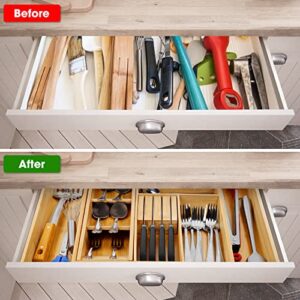 Ozera Bamboo Silverware Organizer, Expandable Utensil Organizer and Cutlery Organizer in Drawer, Flatware Kitchen Drawer Organizer Silverware Tray with Knife Block for Kitchen(7-10 Slots)