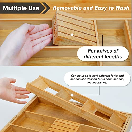 Ozera Bamboo Silverware Organizer, Expandable Utensil Organizer and Cutlery Organizer in Drawer, Flatware Kitchen Drawer Organizer Silverware Tray with Knife Block for Kitchen(7-10 Slots)