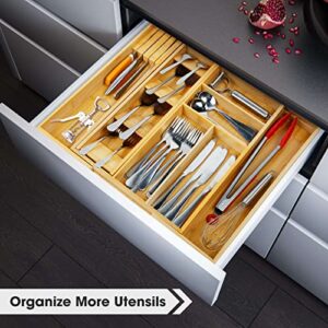 Ozera Bamboo Silverware Organizer, Expandable Utensil Organizer and Cutlery Organizer in Drawer, Flatware Kitchen Drawer Organizer Silverware Tray with Knife Block for Kitchen(7-10 Slots)