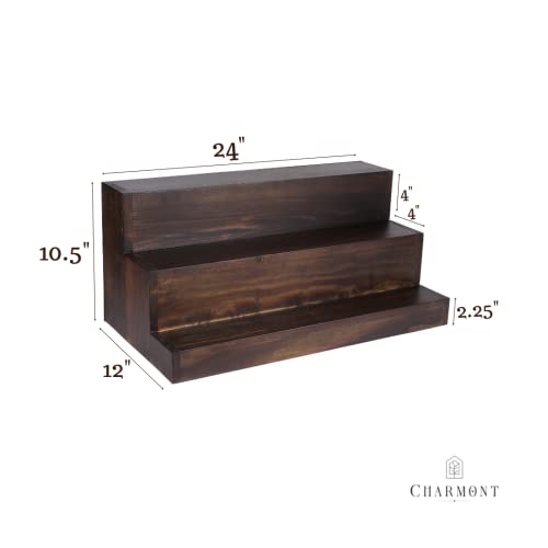 Charmont 3 Tier Real Wood Liquor Bar Bottle Display Shelf 24’’ - Freestanding 18 Bottle Liquor Stand - Made in The USA - Liquor Cabinet Décor for Home Bar-Dark Walnut