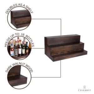 Charmont 3 Tier Real Wood Liquor Bar Bottle Display Shelf 24’’ - Freestanding 18 Bottle Liquor Stand - Made in The USA - Liquor Cabinet Décor for Home Bar-Dark Walnut