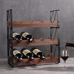 redcall wine rack freestanding,3 tier stackable wine bottle holder organizer,12 bottles wine storage shelf,liquor rack for countertop,solid wood & iron rustic style liquor cabinet