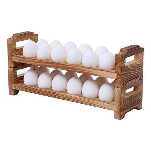 KingLin Wooden Egg Holder Countertop, Egg Storage Trays Stackable for 24 Fresh Eggs, Deviled Egg Organizer Rustic Kitchen Decoration, Egg Container Rack, set of 2 pieces