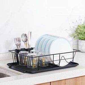 Upgrade Dish Drying Rack,Dish Rack with Black Drying Board+Knife Fork Box+Metal Basket, Storng Waterproof Level & Quality, Set for Kitchen Sink Side, Big