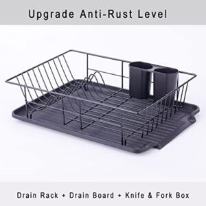 Upgrade Dish Drying Rack,Dish Rack with Black Drying Board+Knife Fork Box+Metal Basket, Storng Waterproof Level & Quality, Set for Kitchen Sink Side, Big