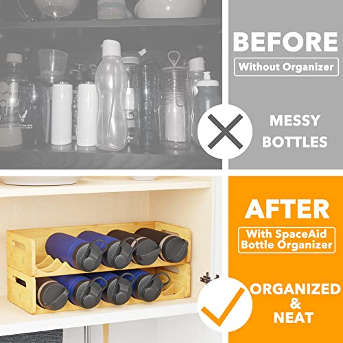 SpaceAid Bamboo Water Bottle Organizer with Labels, Kitchen Pantry Water Bottle Storage Rack for Cabinets, Home Cup and Wine Bottle Holder Shelf Organizers, 2 Pack 5-Slot, Hold 10 Bottles