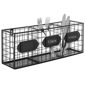 mygift utensil organizer wall mounted black metal kitchen silverware flatware caddy holder, countertop storage basket with 3 compartments and chalkboard labels