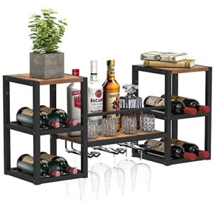 giftgo industrial brown wall mounted wine rack with 3 steam glass holder partial wood shelf black metal bottle holder multi functional wine storage display rack for home bar dining room kitchen