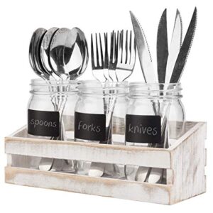 mygift whitewashed wood flatware utensil holder for table, casual dining flatware holder for countertop with 3 mason jars and chalkboard labels