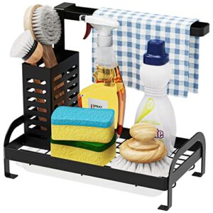 kitchen sink caddy sponge holder – tidyway sink organizer, dishrag dishcloth brush holder with drain pan tray for soap dish dispenser accessories, black