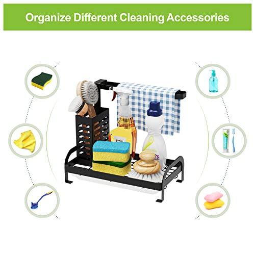 Kitchen Sink Caddy Sponge Holder - Tidyway Sink Organizer, Dishrag Dishcloth Brush Holder with Drain Pan Tray for Soap Dish Dispenser Accessories, Black