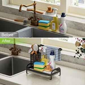 Kitchen Sink Caddy Sponge Holder - Tidyway Sink Organizer, Dishrag Dishcloth Brush Holder with Drain Pan Tray for Soap Dish Dispenser Accessories, Black