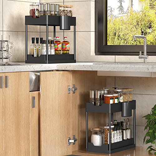 Innotic Under Sink Organizer, Double Sliding Under Cabinet Organizer 2 Tier Pull Out Drawers Multi-purpose Under Sink Organizers and Storage with 4 Hooks, Hanging Cup for Kitchen Bathroom 1 pack