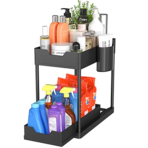 Innotic Under Sink Organizer, Double Sliding Under Cabinet Organizer 2 Tier Pull Out Drawers Multi-purpose Under Sink Organizers and Storage with 4 Hooks, Hanging Cup for Kitchen Bathroom 1 pack