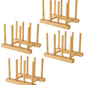 Lawei Set of 4 Bamboo Dish Rack - 3 Slots Cutting Board Racks Plate Rack Stand Pot Lid Holder for Bowl, Cup, Cutting Board and More