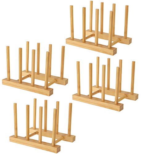 Lawei Set of 4 Bamboo Dish Rack - 3 Slots Cutting Board Racks Plate Rack Stand Pot Lid Holder for Bowl, Cup, Cutting Board and More