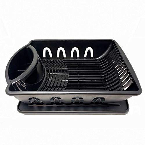 Heavy Duty Sturdy Hard Plastic Sink Set with Dish Rack with Drainer & Drainboard,Easy to Clean with Snap Lock Tab Cup Holders for Home Kitchen Sink Organizers-S,M,L-Made in USA(Black Large Dish Rack)