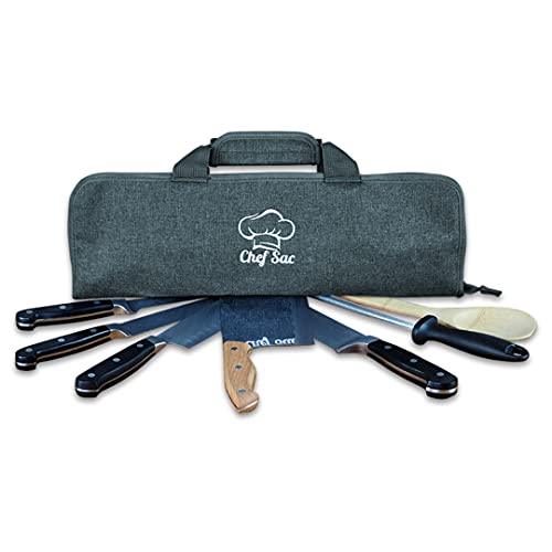 Chef Knife Roll Bag Travel Case | 8 Pockets for Knives & Tools | 2 Flaps with Cleaver & Mesh Pocket | Honing Rod Slot | Chef Knife Case for Professional & Students | Knives Not Included (Denim Grey)