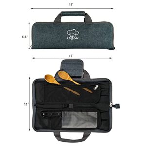 Chef Knife Roll Bag Travel Case | 8 Pockets for Knives & Tools | 2 Flaps with Cleaver & Mesh Pocket | Honing Rod Slot | Chef Knife Case for Professional & Students | Knives Not Included (Denim Grey)