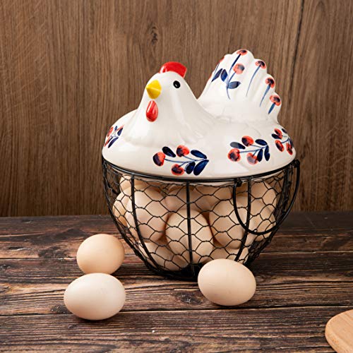 Chicken Design Ceramic Egg Storage Collect Basket, Holds 20-25 Eggs, Fresh Egg Holder, Organizer Case, Container for Counter